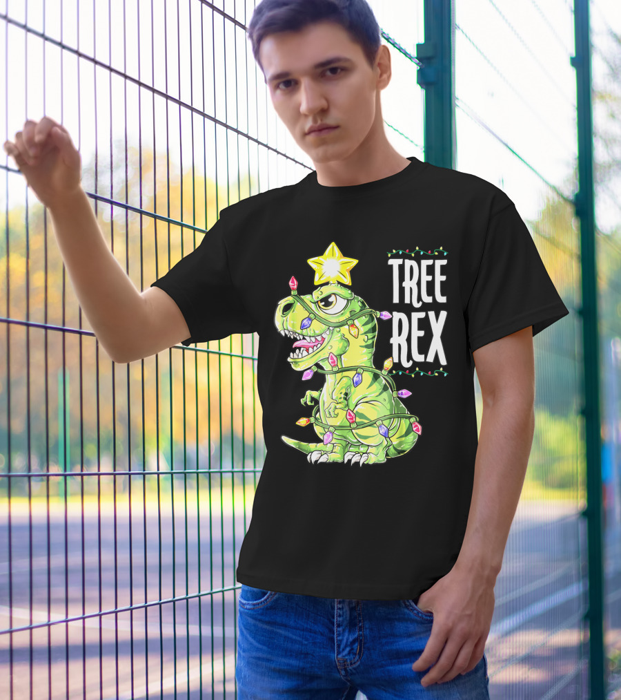 Tree Rex Dinosaur Christmas Lights Boys T-Shirt