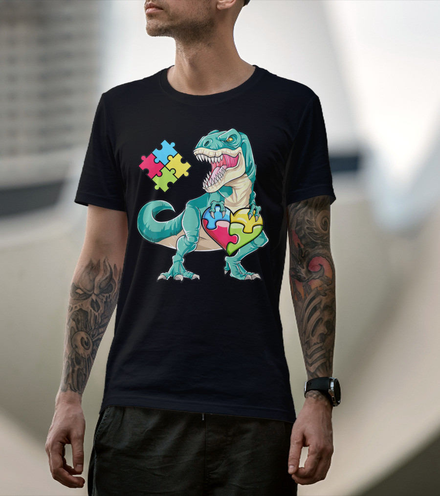 Dinosaur Holding Puzzle Heart Autism Awareness Boys T-Shirt