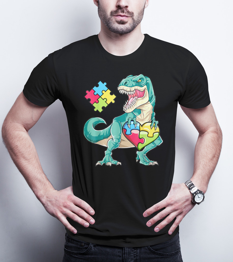 Dinosaur Holding Puzzle Heart Autism Awareness Boys T-Shirt
