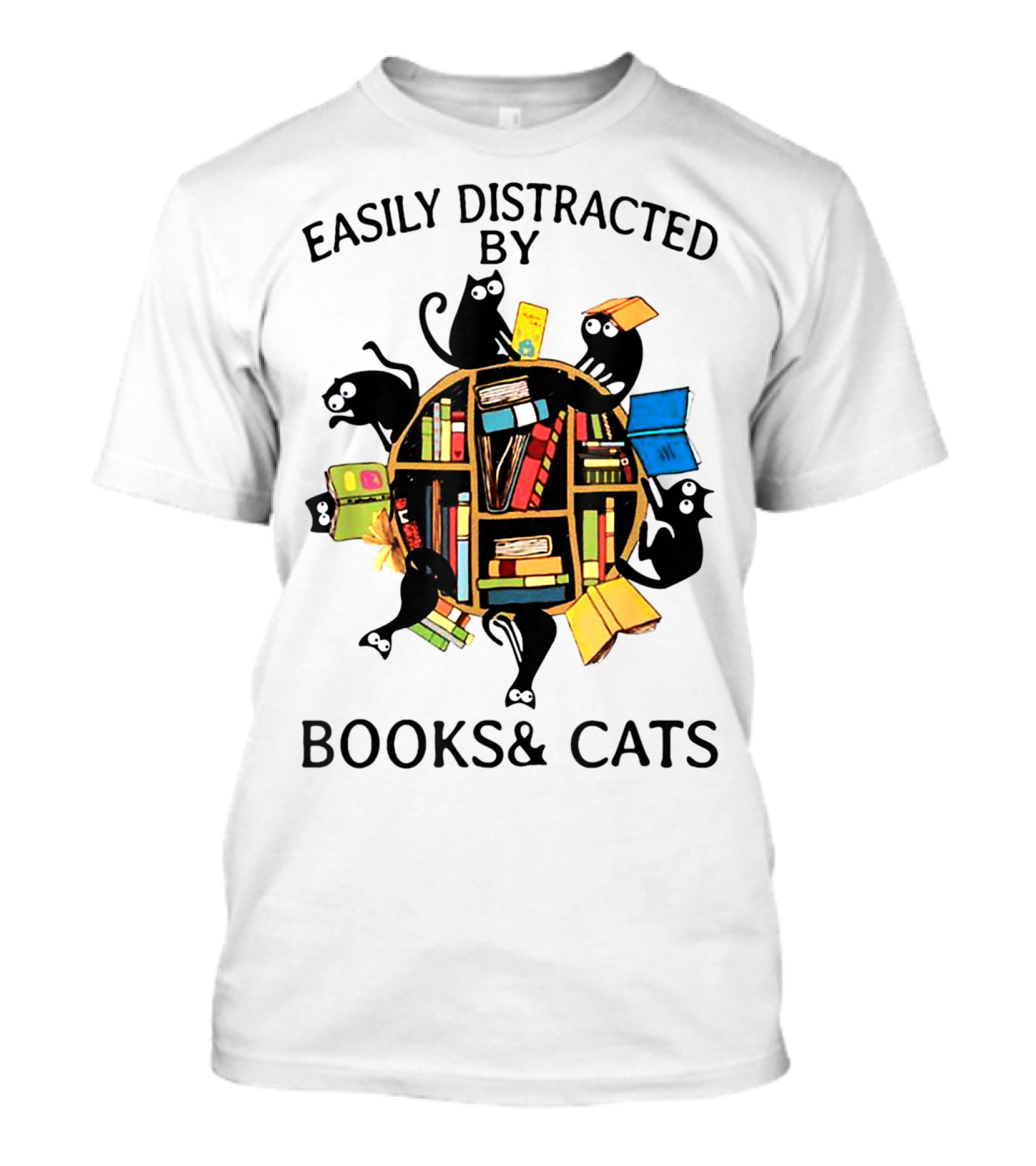 Easily Distracted By Books And Cats With Playful Shelf Cats T-Shirt