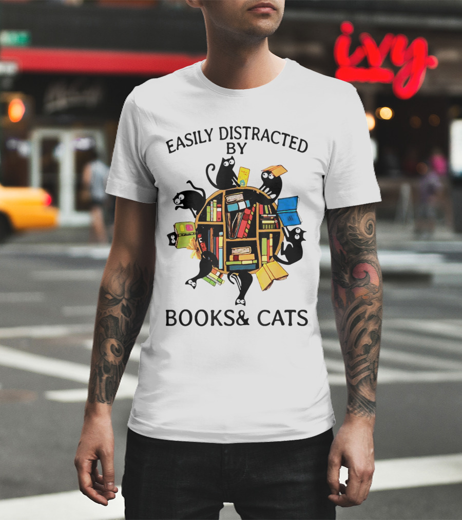 Easily Distracted By Books And Cats With Playful Shelf Cats T-Shirt
