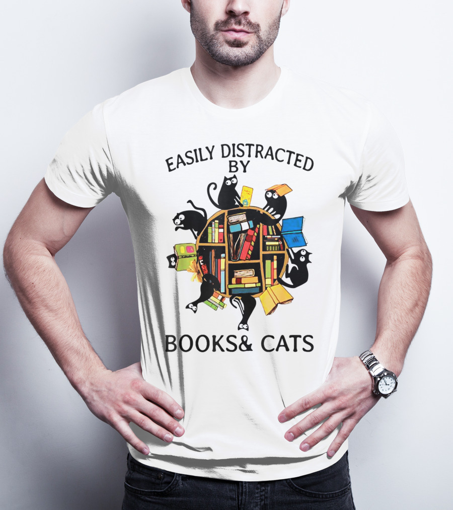 Easily Distracted By Books And Cats With Playful Shelf Cats T-Shirt
