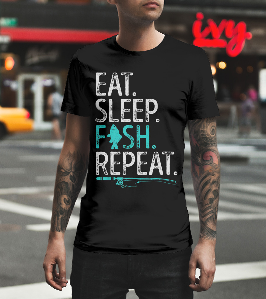 EAT SLEEP FISH REPEAT KIDS FISHING FISHING ROD TEAL FISH T-Shirt