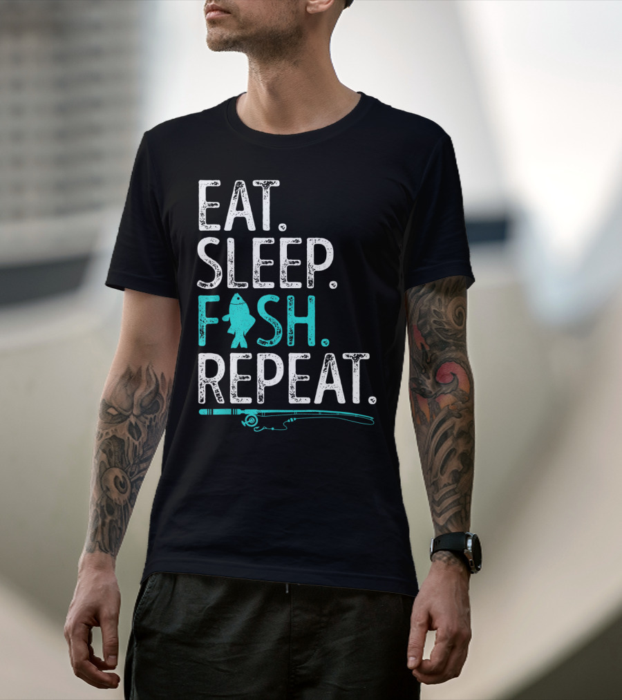 EAT SLEEP FISH REPEAT KIDS FISHING FISHING ROD TEAL FISH T-Shirt