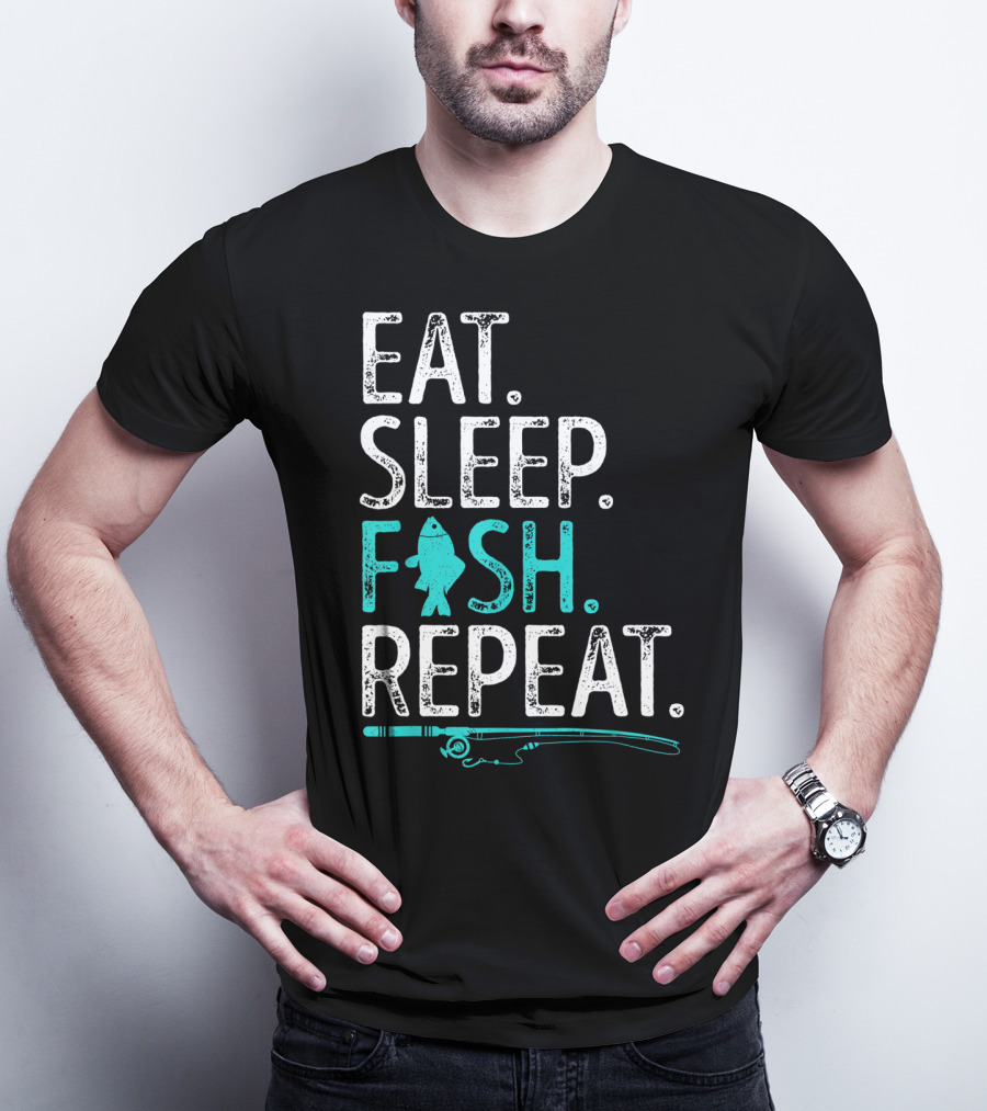 EAT SLEEP FISH REPEAT KIDS FISHING FISHING ROD TEAL FISH T-Shirt