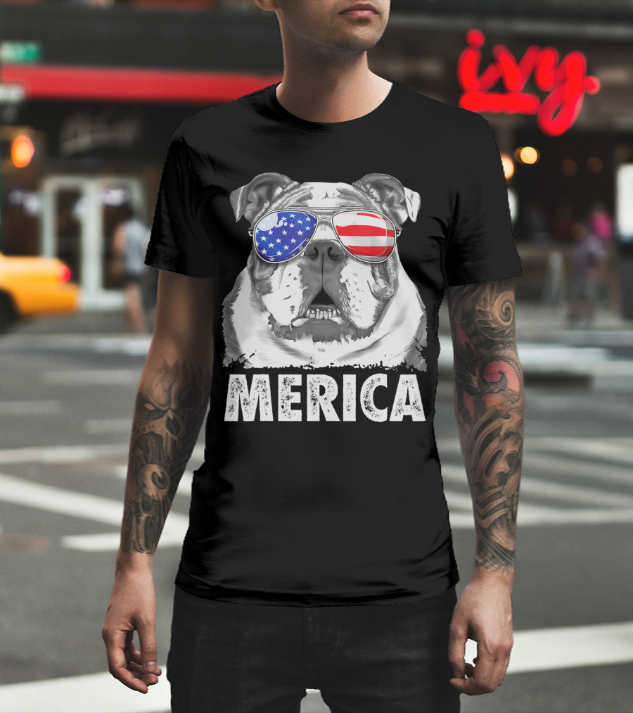 Merica English Bulldog USA Flag Sunglasses T-Shirt