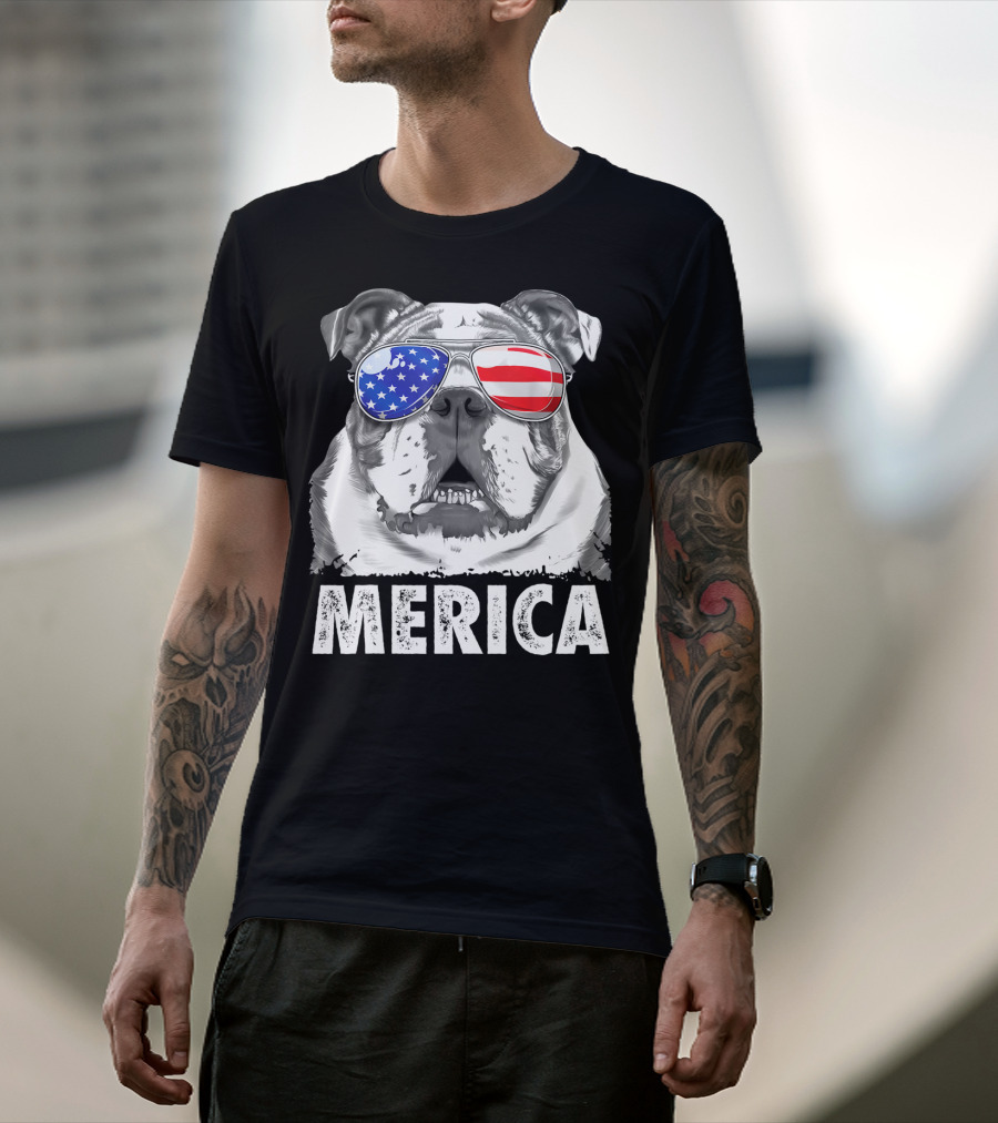 Merica English Bulldog USA Flag Sunglasses T-Shirt