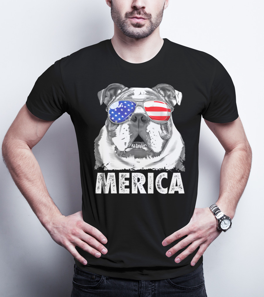 Merica English Bulldog USA Flag Sunglasses T-Shirt