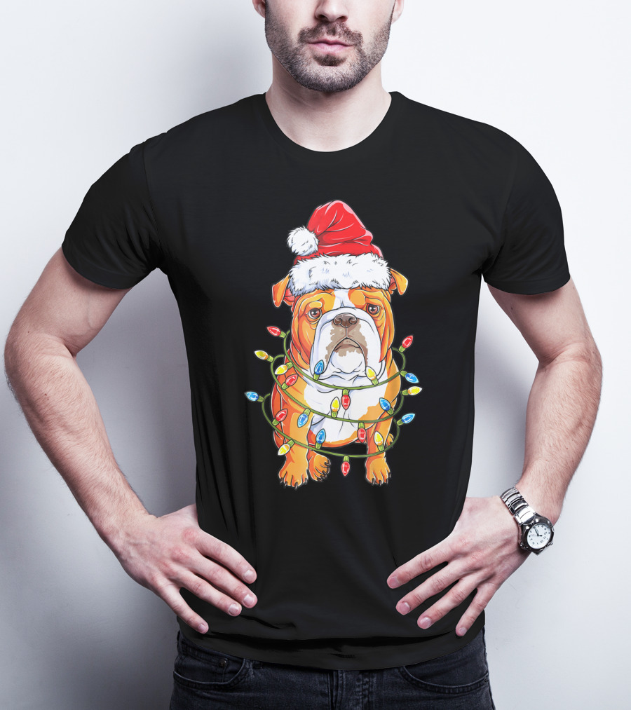 English Bulldog Santa Hat Wrapped In Christmas Lights Holiday Festive Fun T-Shirt