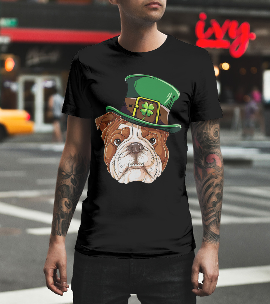 St Patricks Day English Bulldog Leprechaun Hat T-Shirt