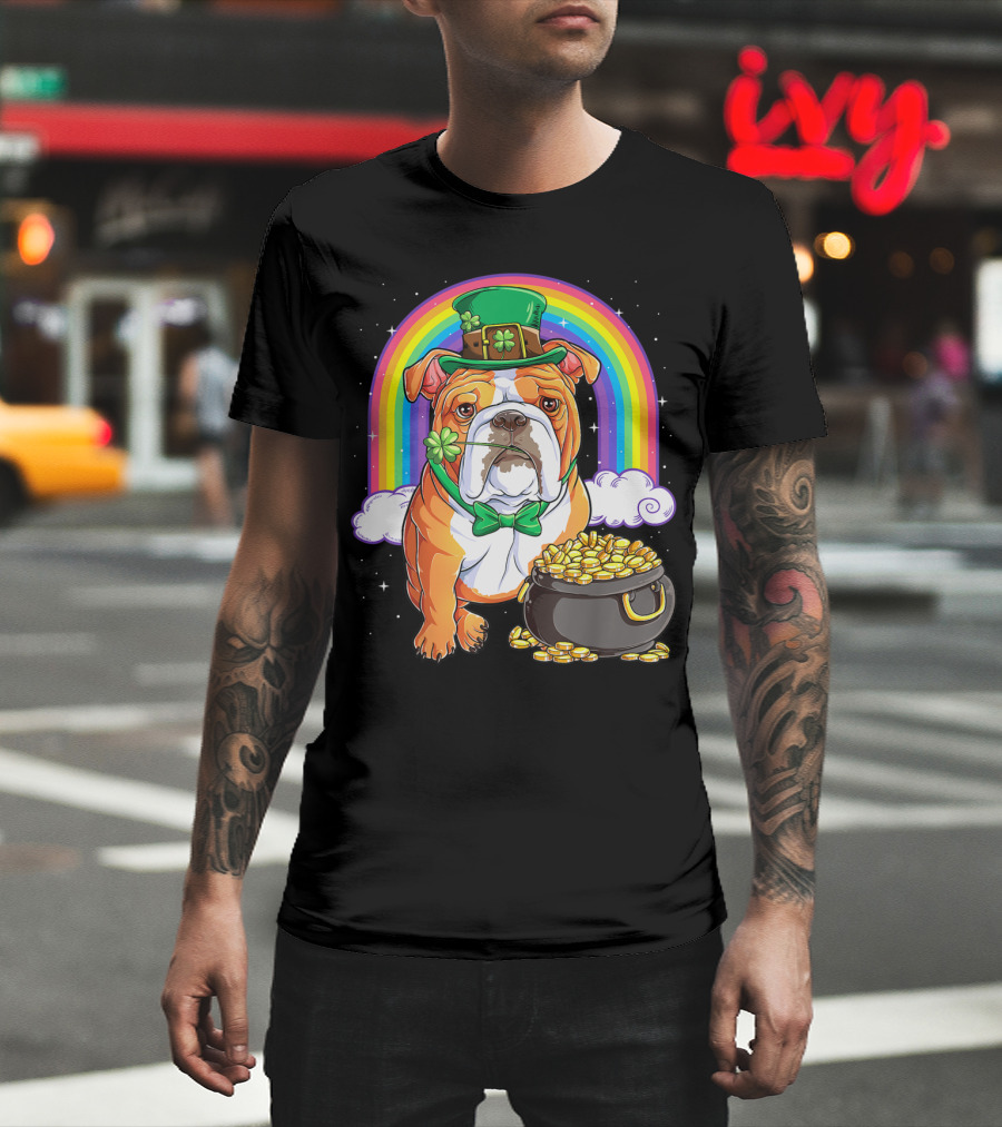 English Bulldog Leprechaun St Patricks Day Rainbow Gold Pot T-Shirt