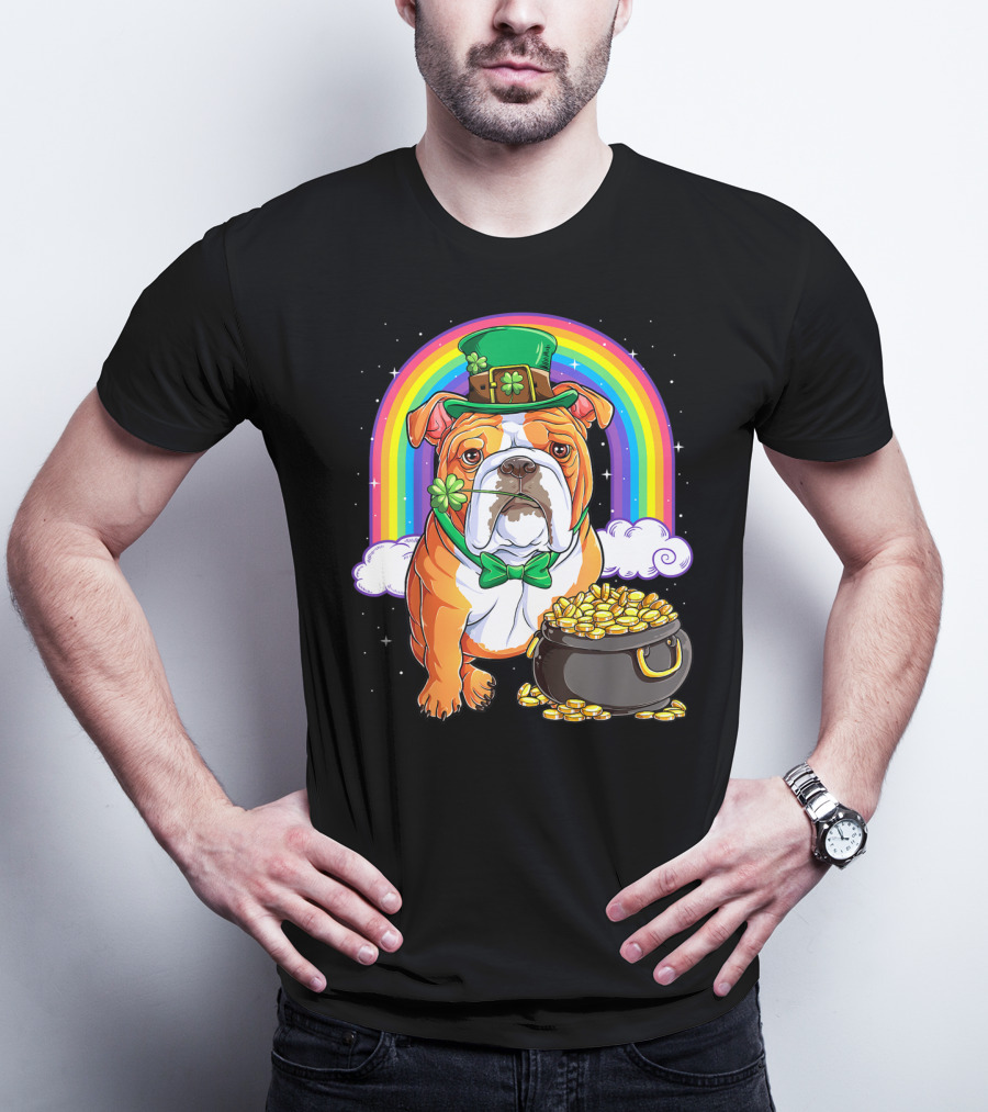 English Bulldog Leprechaun St Patricks Day Rainbow Gold Pot T-Shirt