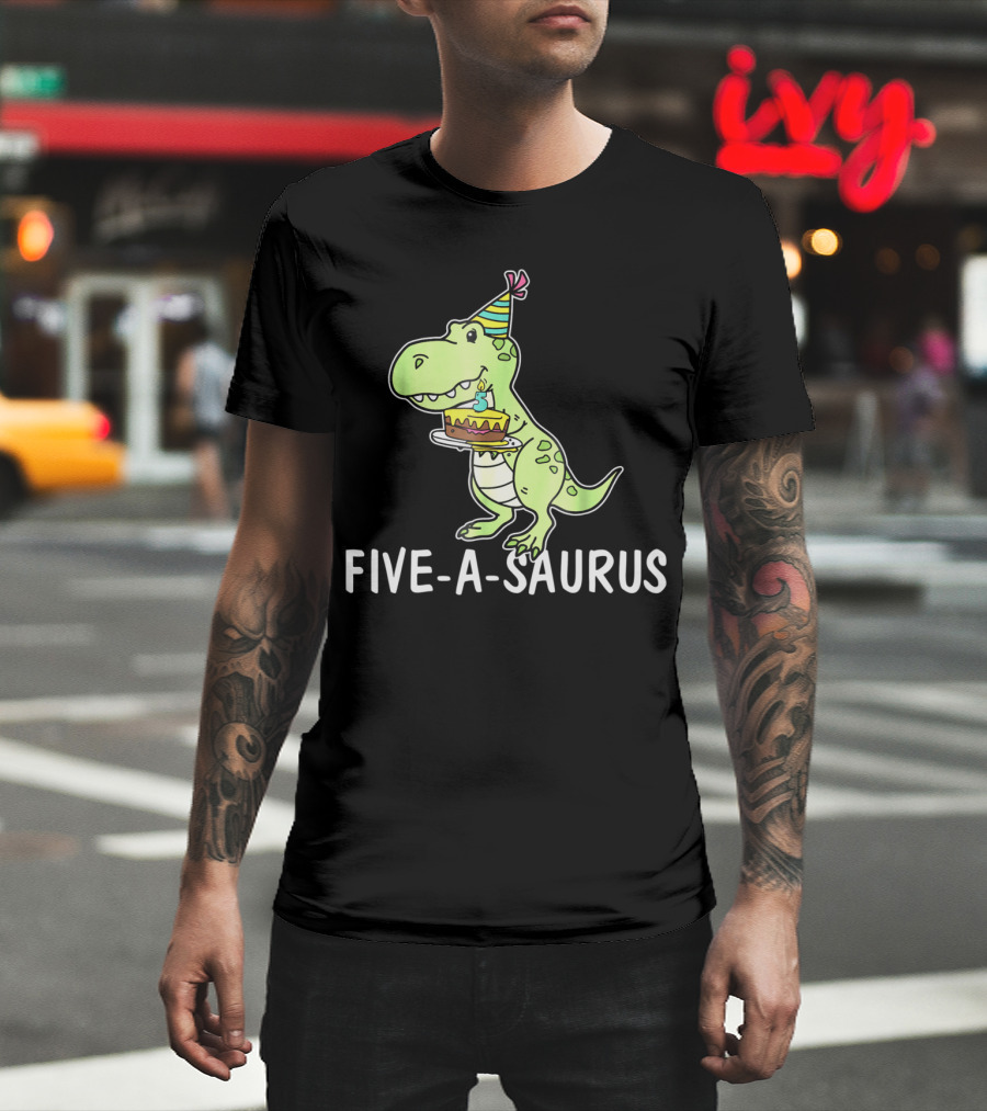 Five-A-Saurus T-Rex Birthday Cake Party Hat 5 Years Old T-Shirt