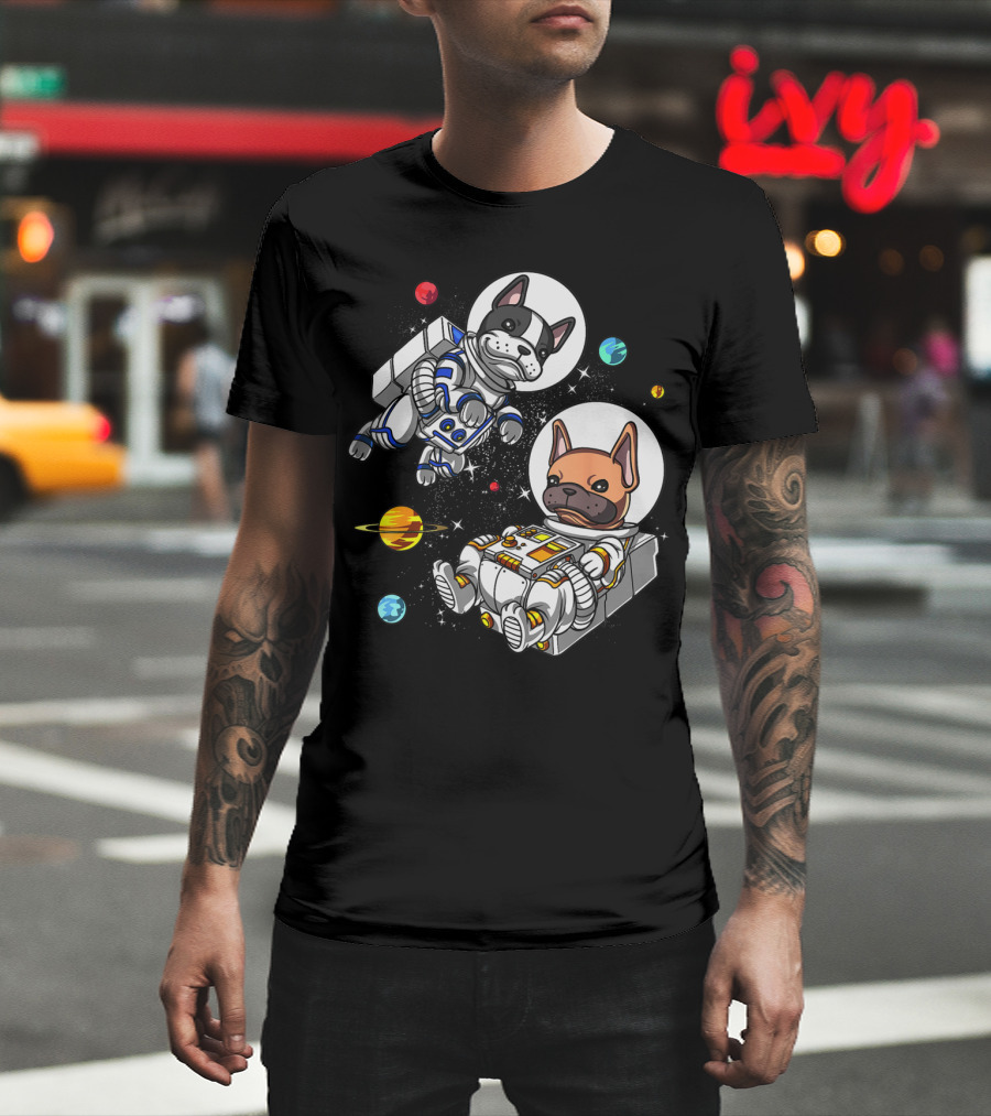 French Bulldog Astronauts In Space With Planets And Stars T-Shirt