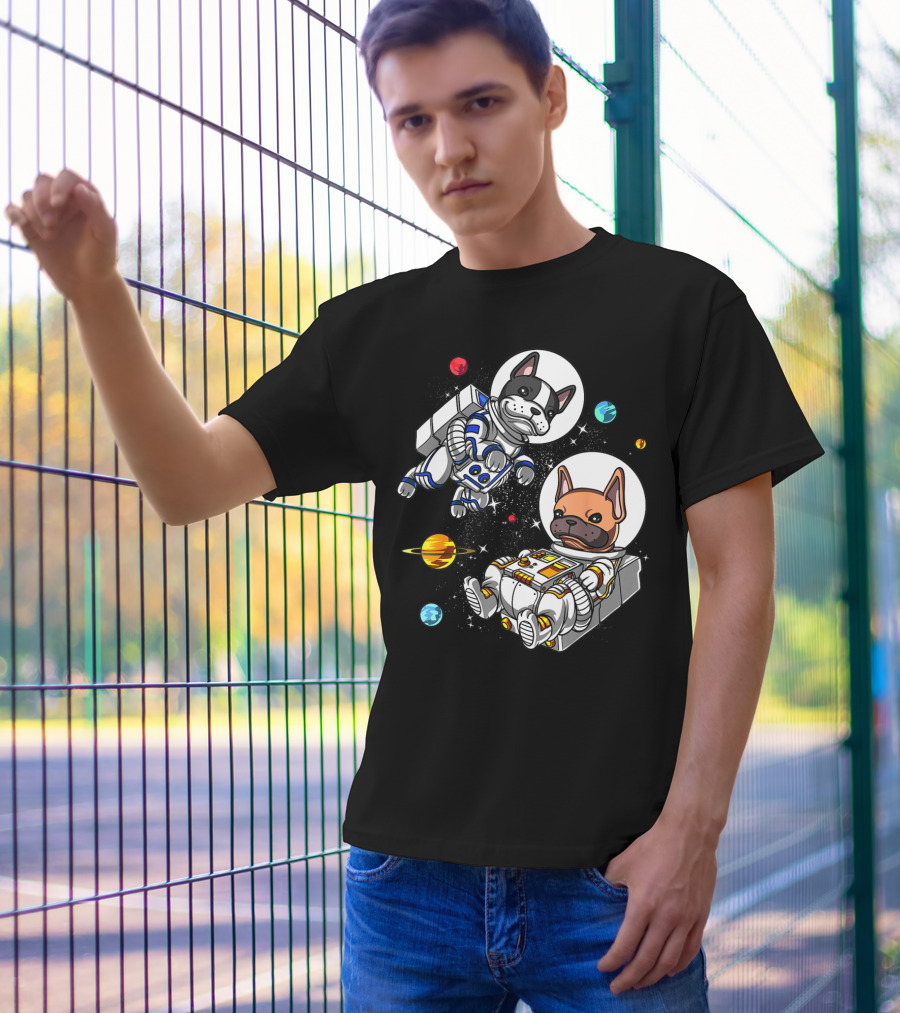 French Bulldog Astronauts In Space With Planets And Stars T-Shirt