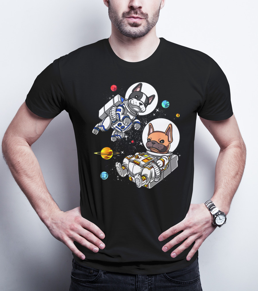 French Bulldog Astronauts In Space With Planets And Stars T-Shirt