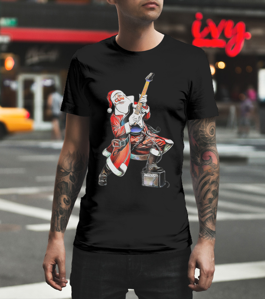 Funny Christmas Rock N Roll Santa Playing Guitar T-Shirt