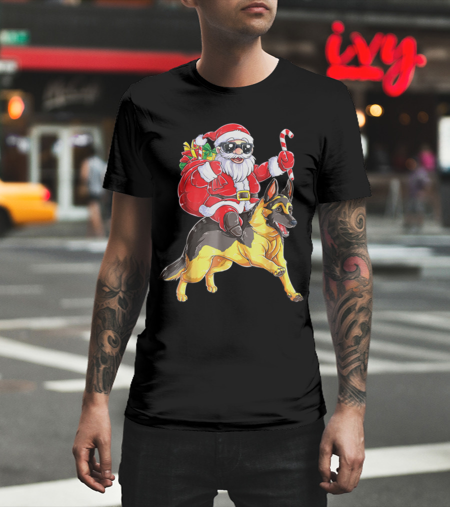 German Shepherd Woofmas With Santa Claus And Candy Cane T-Shirt