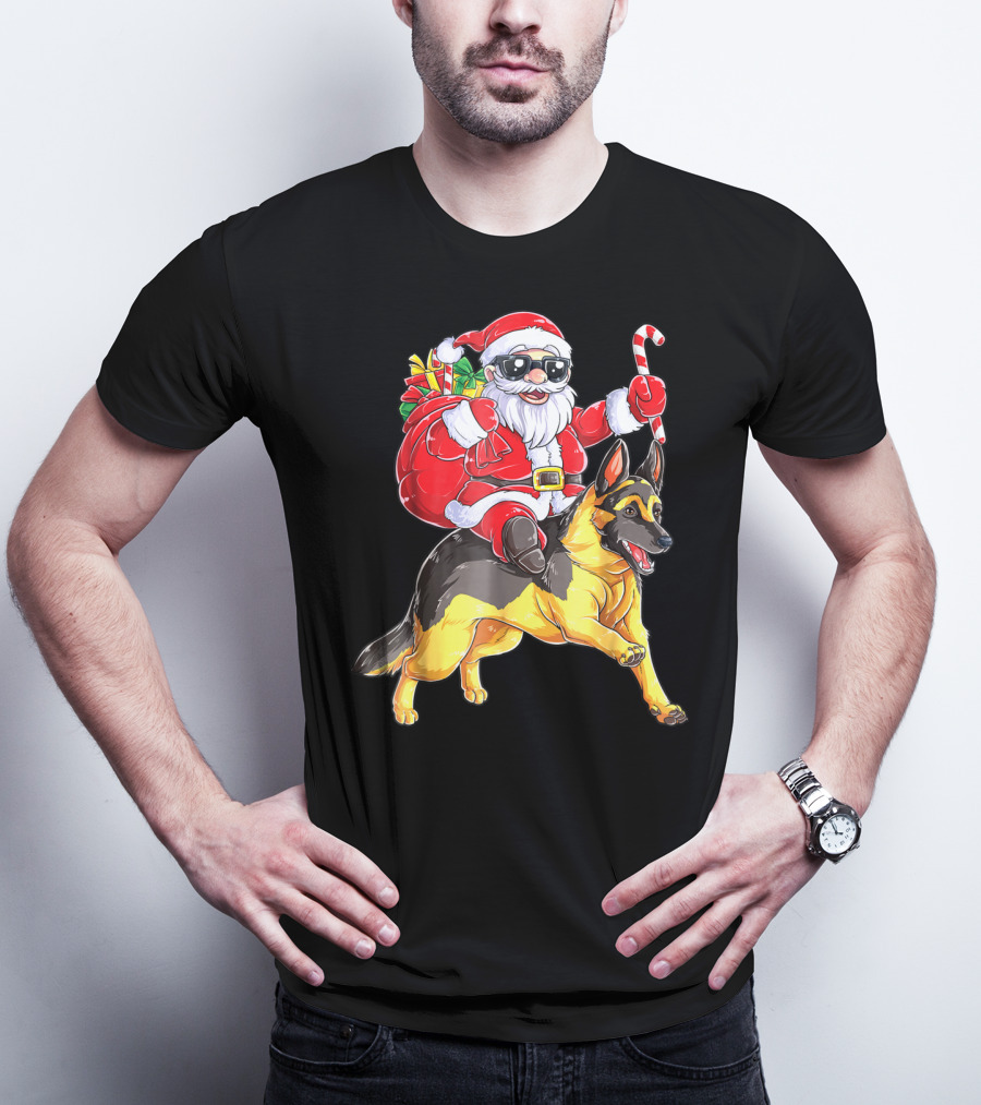 German Shepherd Woofmas With Santa Claus And Candy Cane T-Shirt