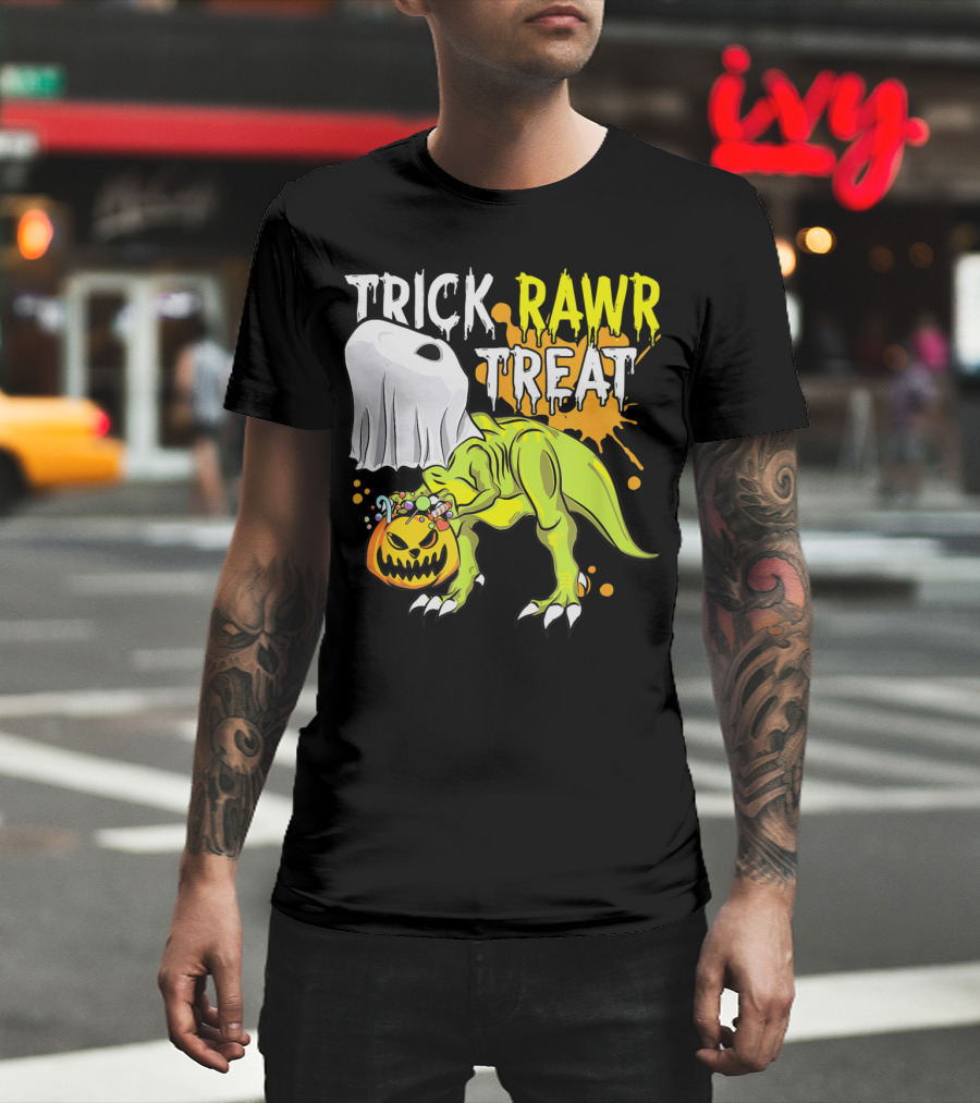 Trick Rawr Treat Halloween Dinosaur Ghost Pumpkin Boys T-Shirt