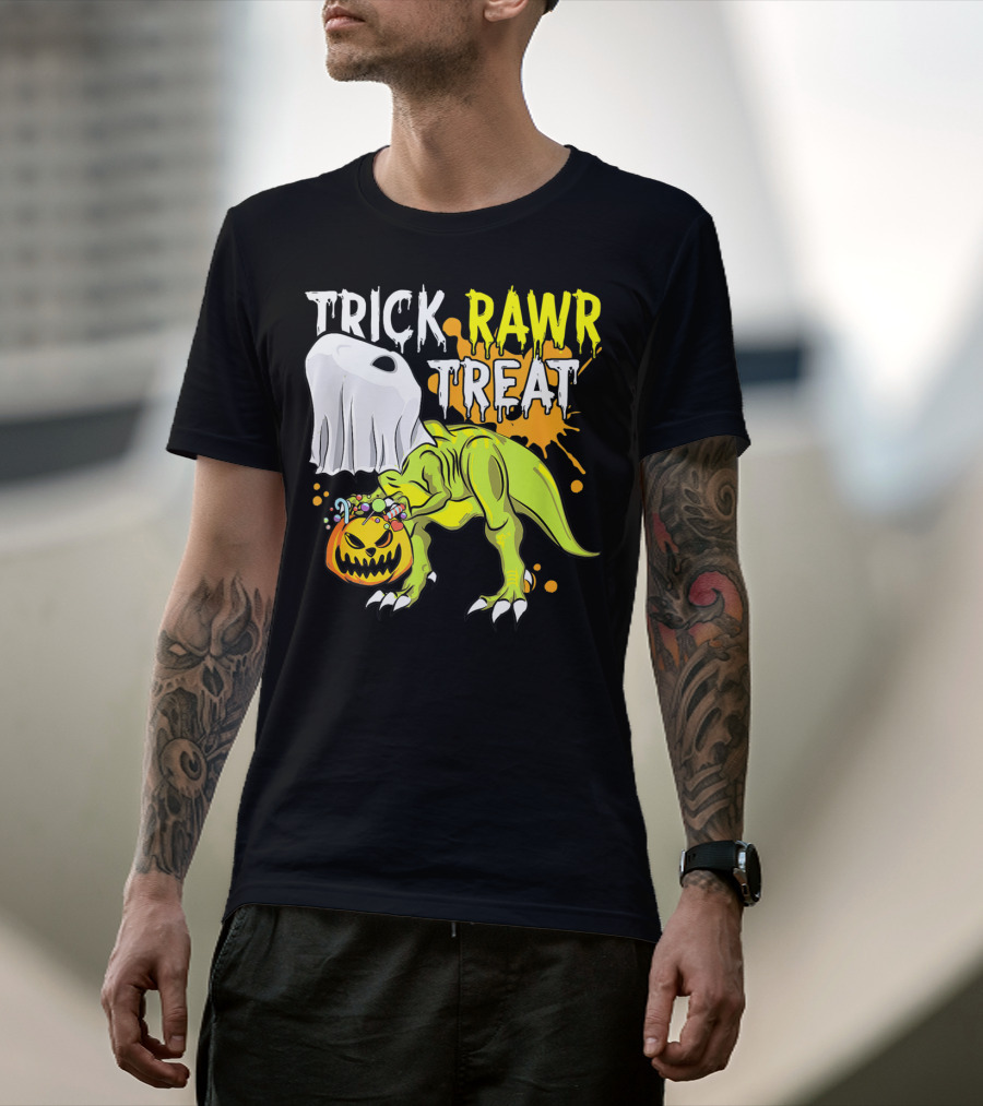 Trick Rawr Treat Halloween Dinosaur Ghost Pumpkin Boys T-Shirt