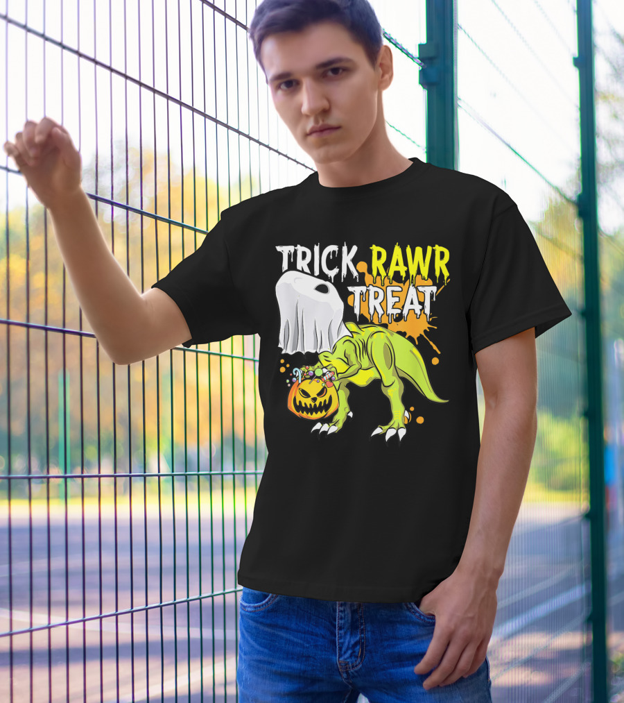 Trick Rawr Treat Halloween Dinosaur Ghost Pumpkin Boys T-Shirt