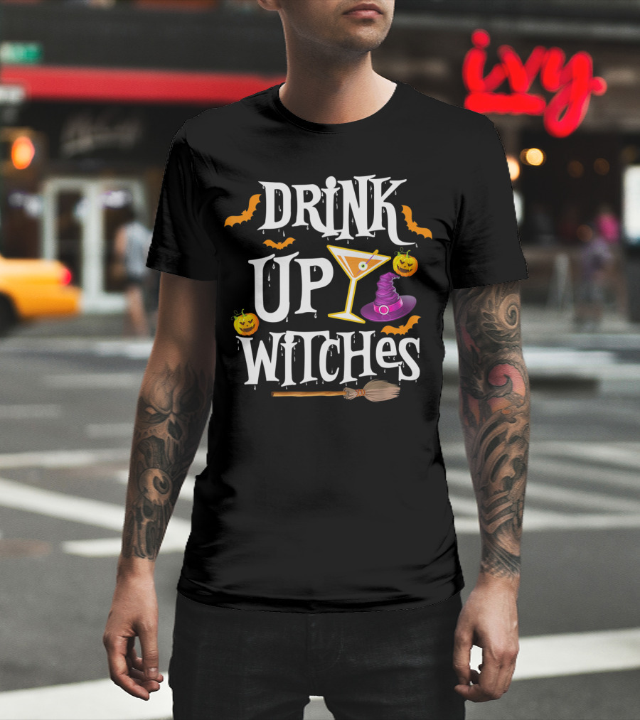 Drink Up Witches Halloween Costume Women Wine Hat Broom Martini T-Shirt
