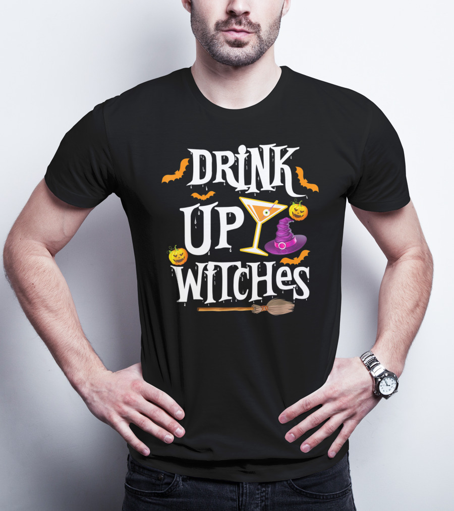 Drink Up Witches Halloween Costume Women Wine Hat Broom Martini T-Shirt