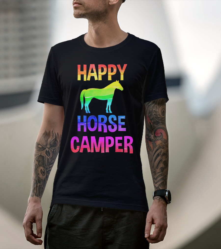 Happy Horse Camper Summer Camp Day Sleep Away Horseback Ride Rainbow T-Shirt