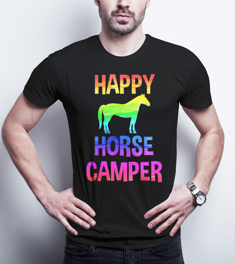 Happy Horse Camper Summer Camp Day Sleep Away Horseback Ride Rainbow T-Shirt