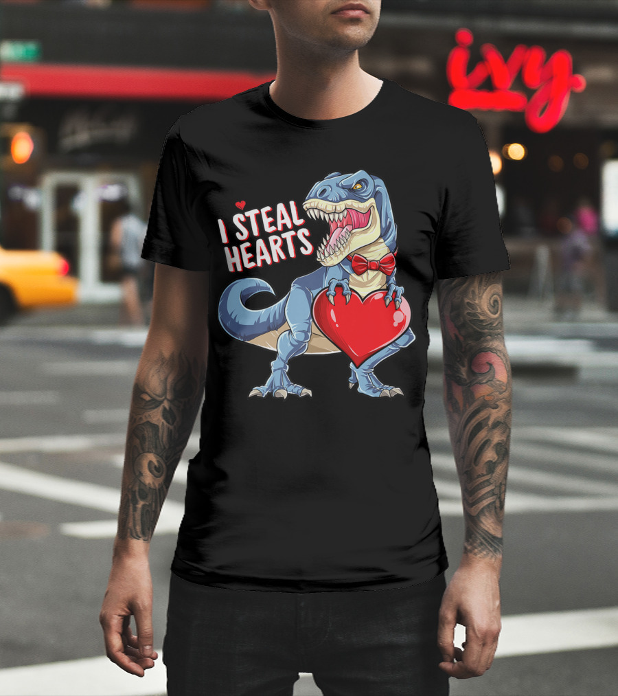 I Steal Hearts Dinosaur Rex Valentine's Day Red Bow Tie T-Shirt