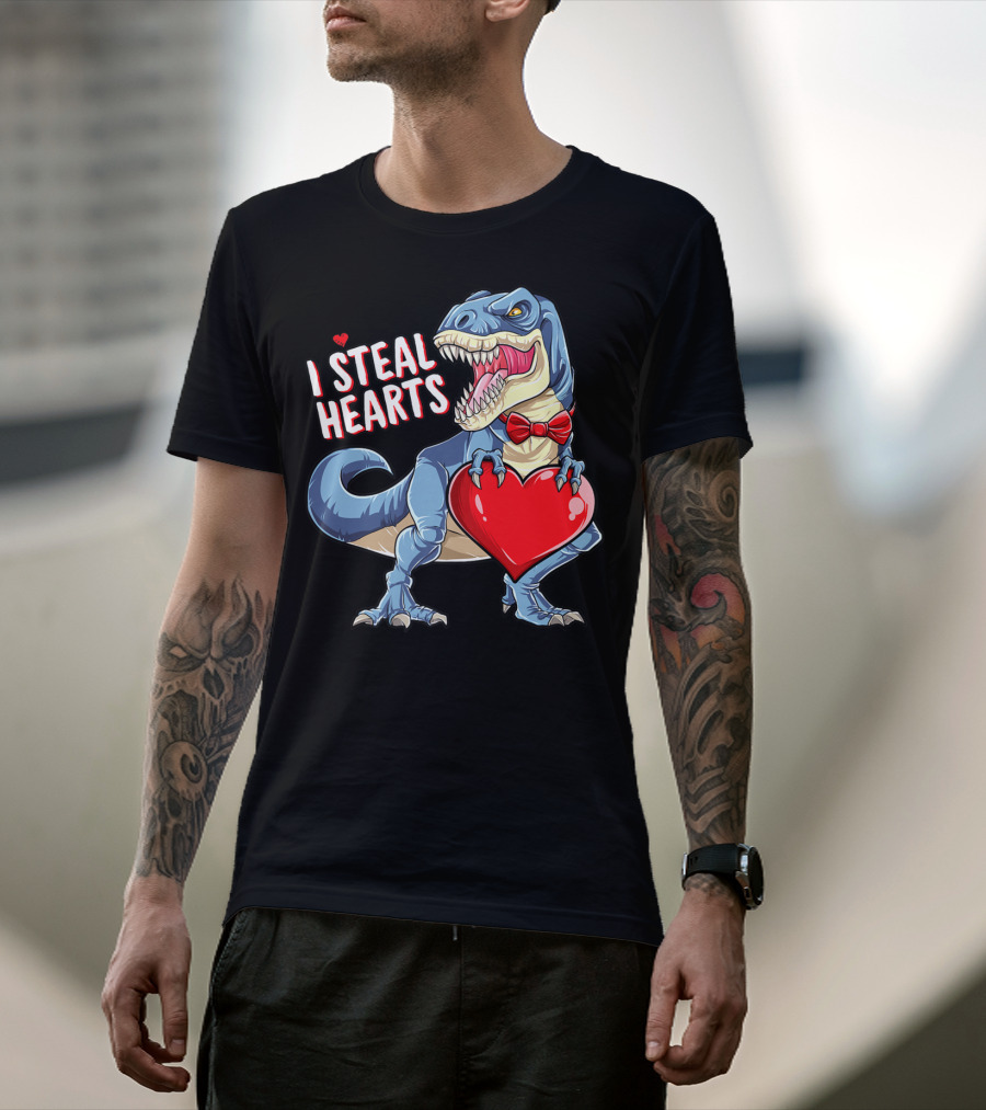 I Steal Hearts Dinosaur Rex Valentine's Day Red Bow Tie T-Shirt