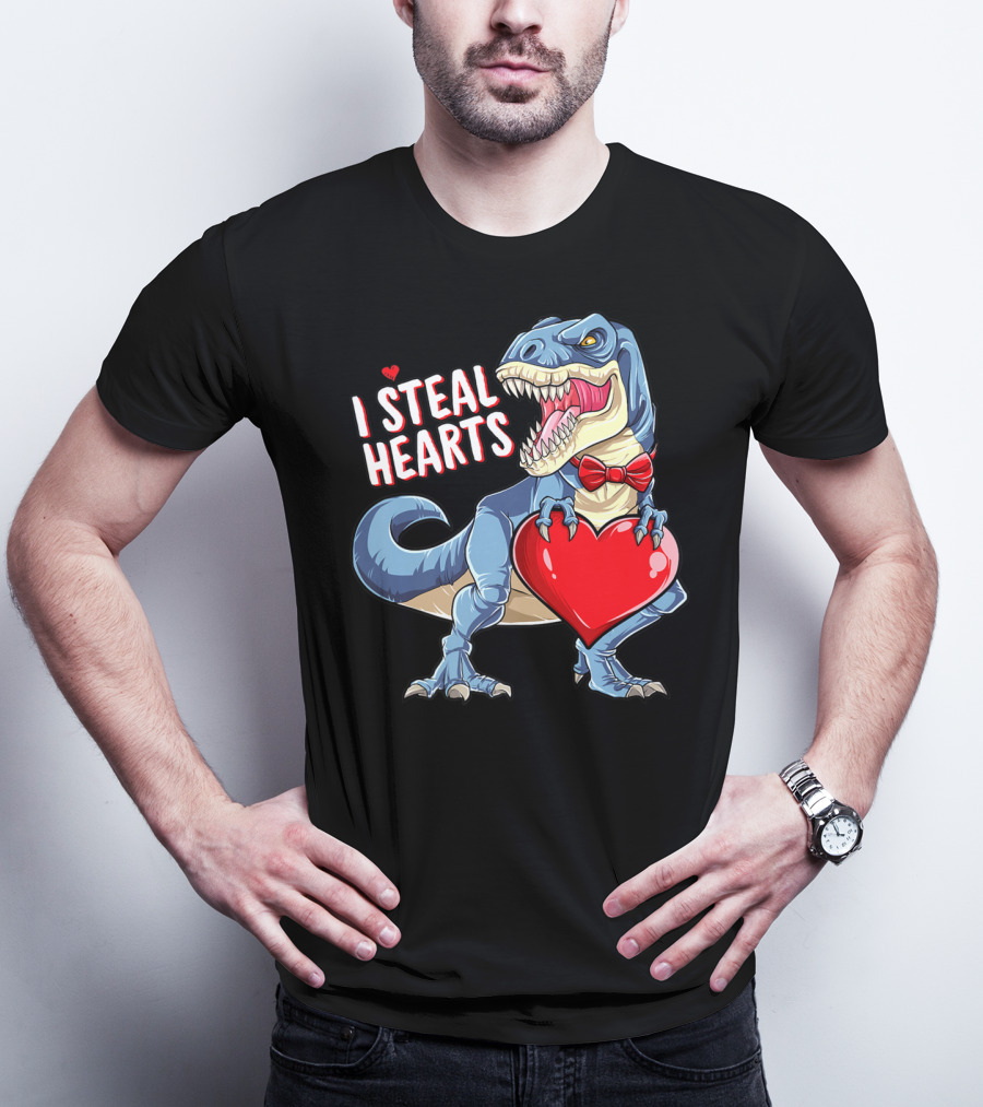 I Steal Hearts Dinosaur Rex Valentine's Day Red Bow Tie T-Shirt