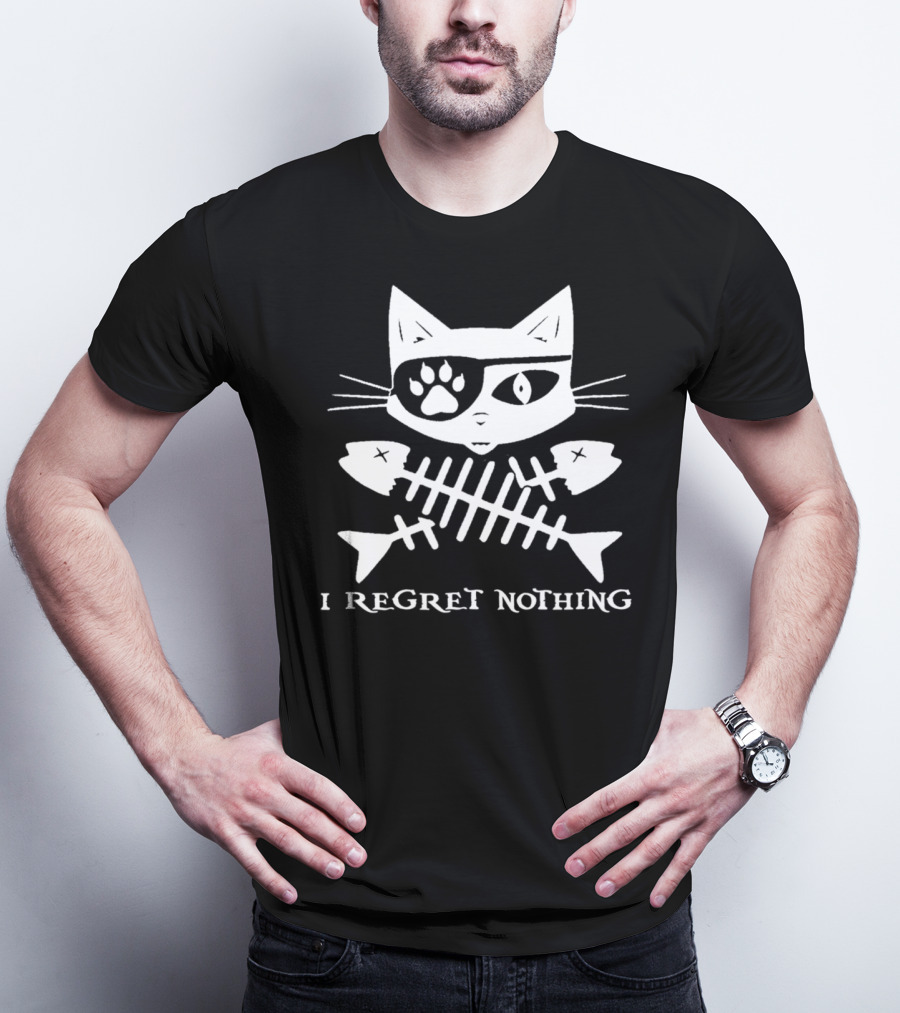 Jolly Roger Pirate Cat I Regret Nothing Skull Crossbones T-Shirt