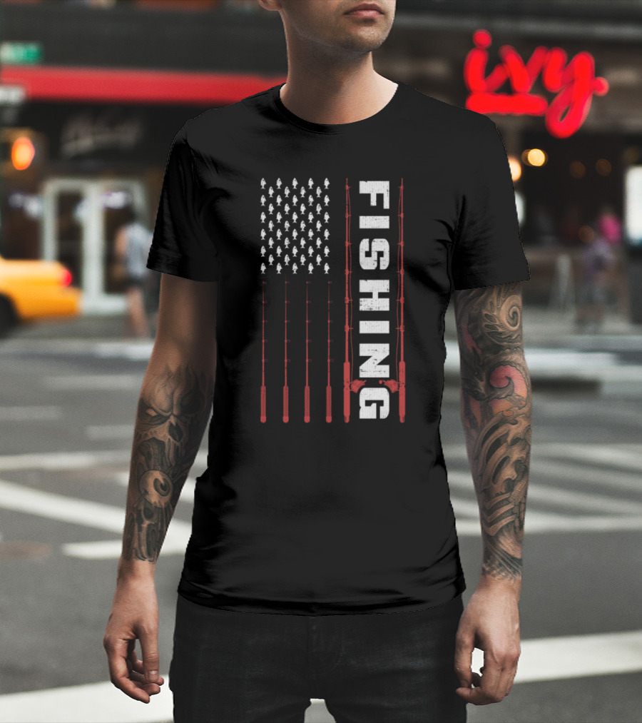 Fishing Flag Fishing Poles And Fish American T-Shirt