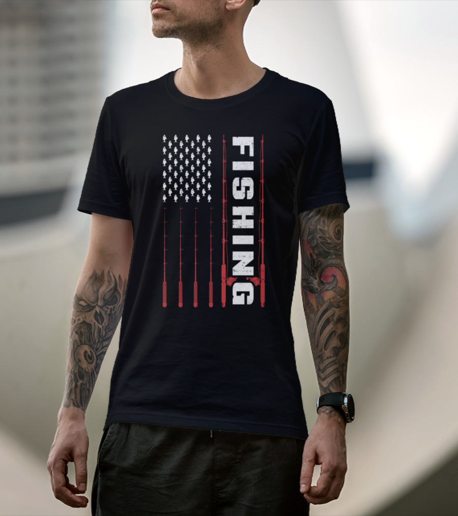 Fishing Flag Fishing Poles And Fish American T-Shirt