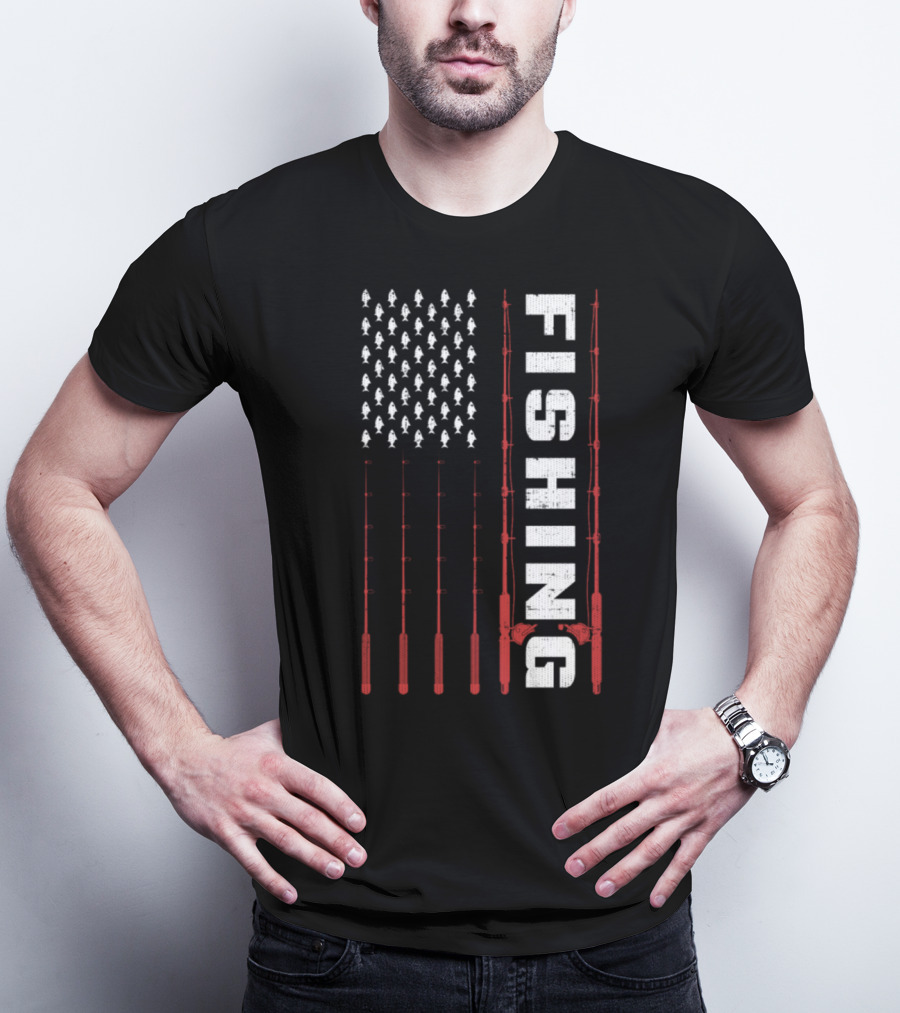 Fishing Flag Fishing Poles And Fish American T-Shirt