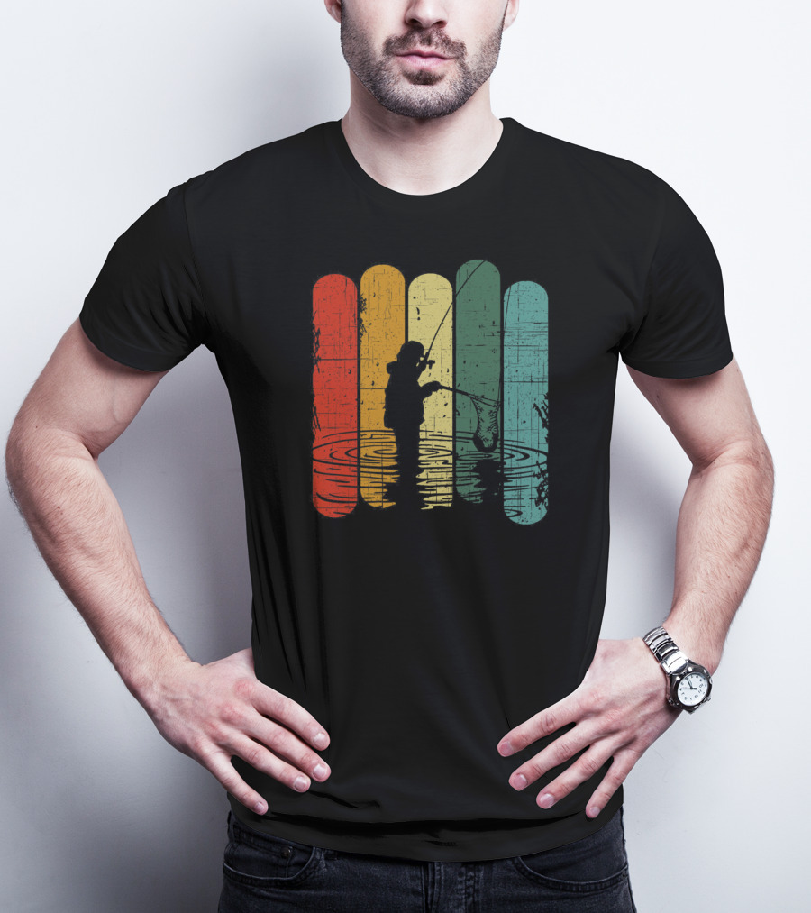 Retro Fishing Silhouette With Colorful T-Shirt