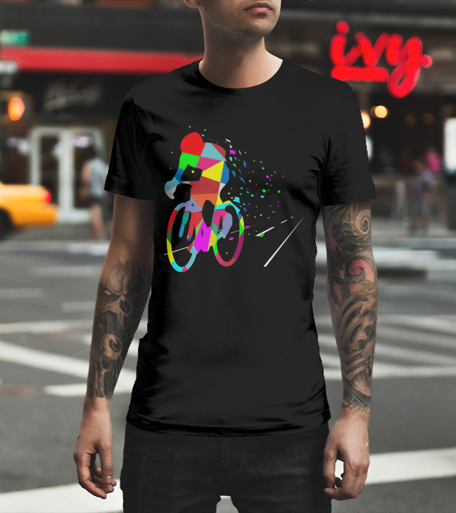 Cycling Forever Multicolor Abstract Bicyclist Road T-Shirt