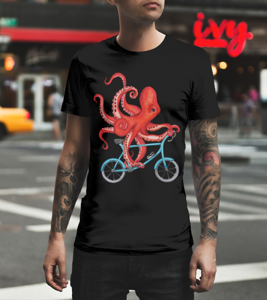 Cycling Octopus On Blue Bicycle T-Shirt