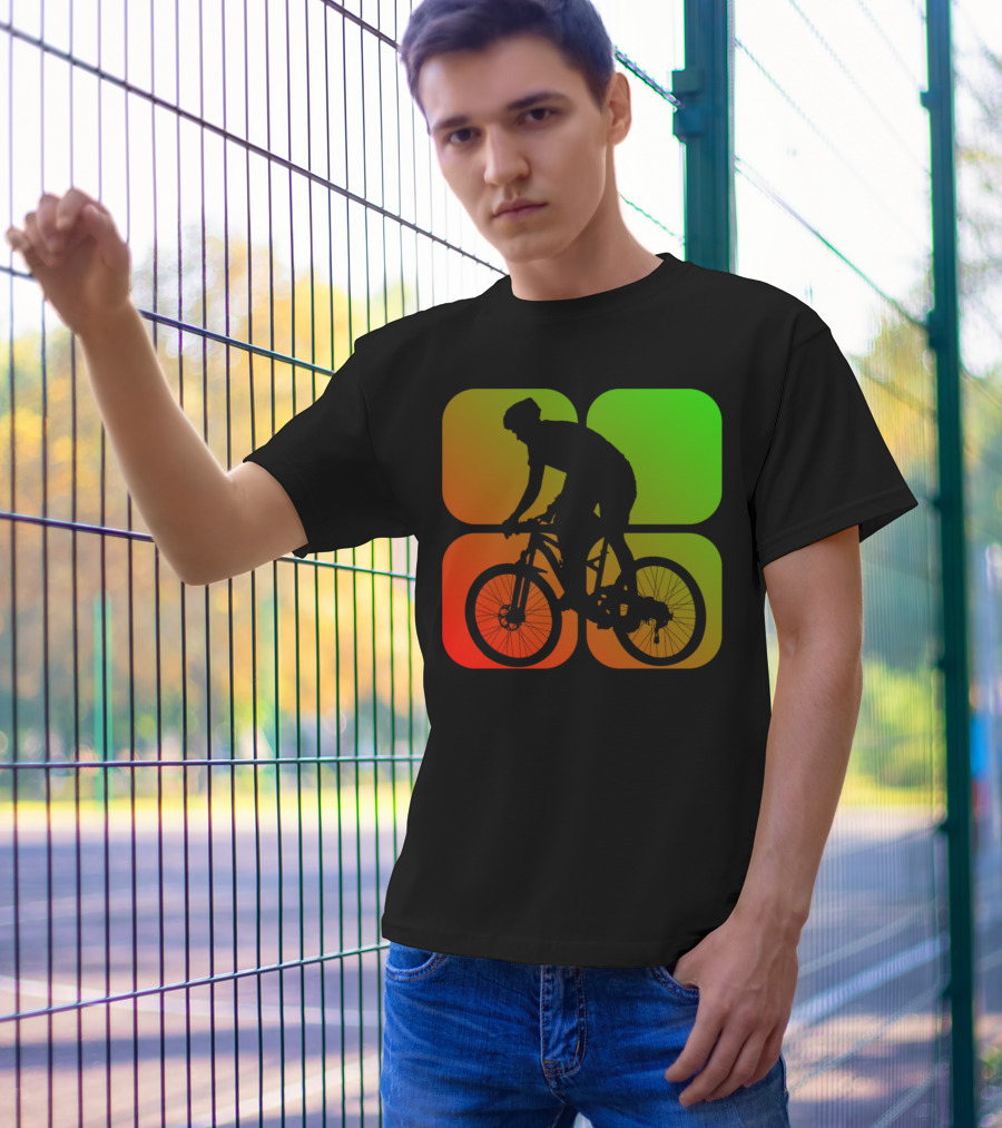 Cyclist Mountainbiker Silhouette On Gradient Quadrant Background T-Shirt