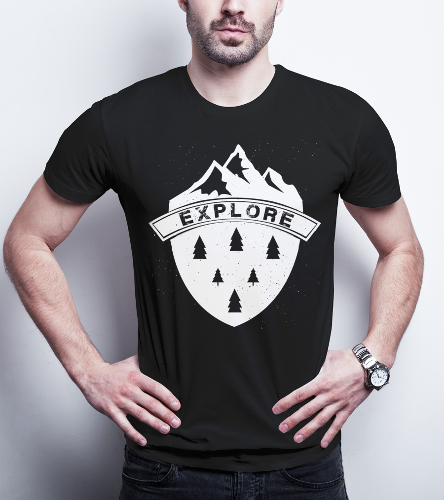 Explore The Great Outdoors Mountains Trees Badge T-Shirt