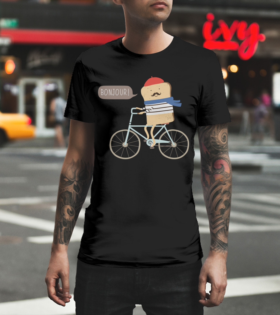 BONJOUR French Toast On Bicycle With Beret And Mustache T-Shirt