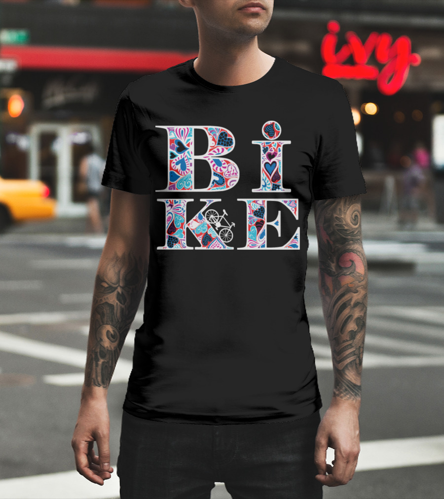 Heart Pattern Bike Typography T-Shirt