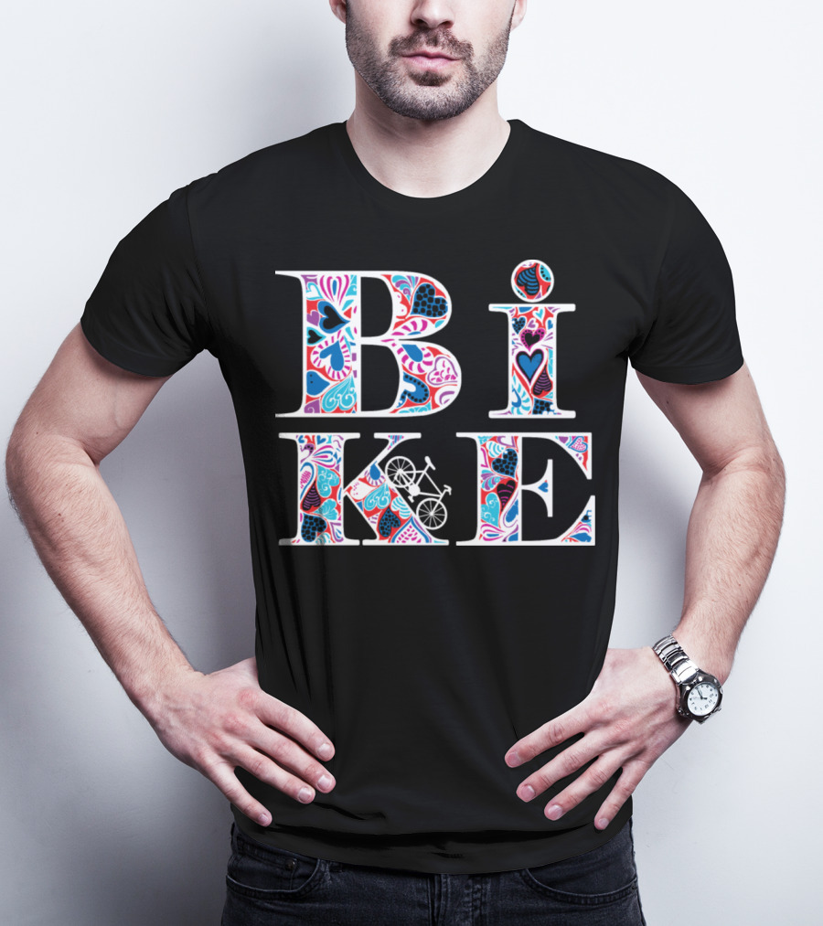 Heart Pattern Bike Typography T-Shirt