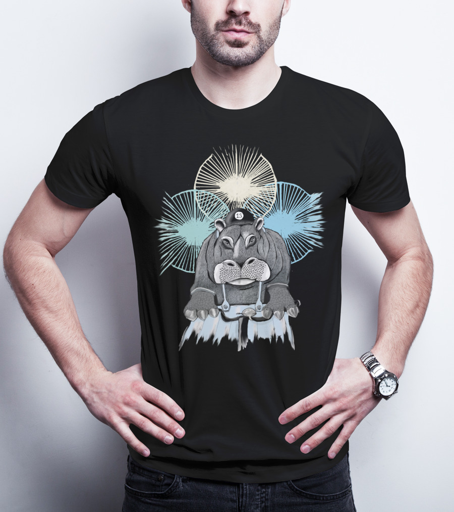 Hippo With Cap Number 13 Riding A Bike With Radiant Starburst Background T-Shirt