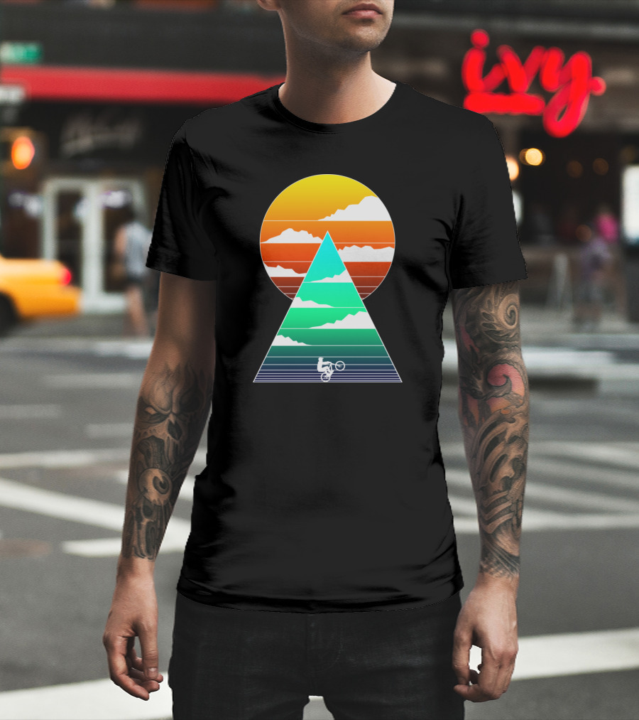 Sunset Mountain Biking Adventure In Geometric T-Shirt