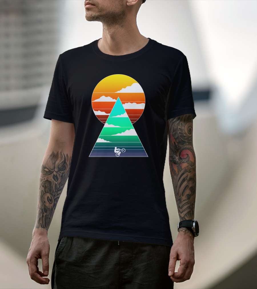 Sunset Mountain Biking Adventure In Geometric T-Shirt