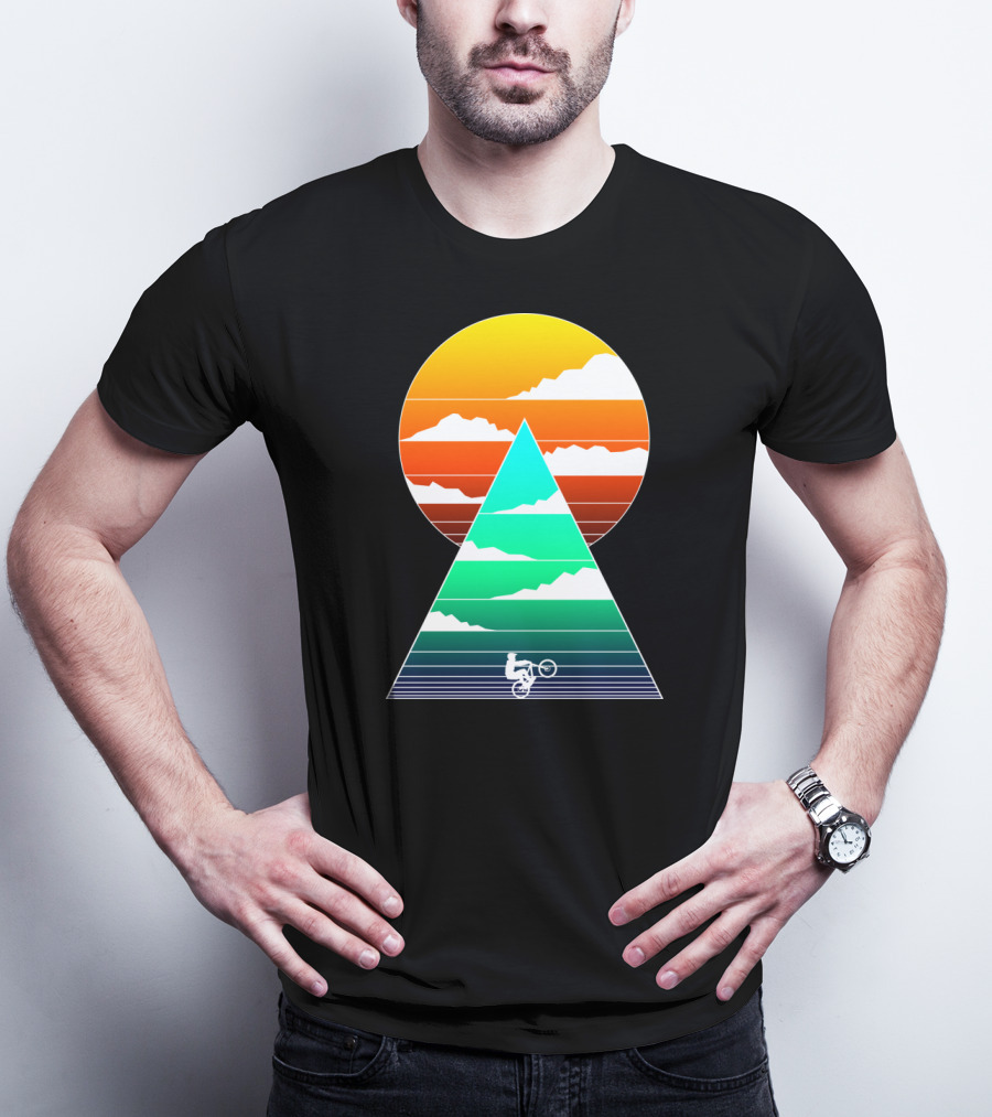 Sunset Mountain Biking Adventure In Geometric T-Shirt