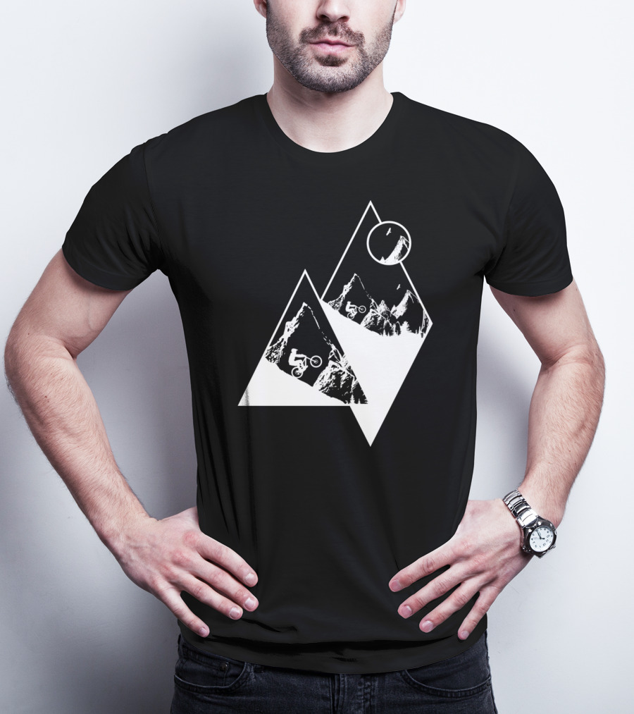 MTB Cyclist On White Mountain Peaks With Moon In Geometric T-Shirt